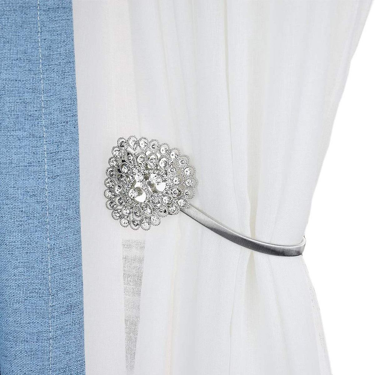 2PCS Magnetic Curtain Tiebacks Crystal Heart Shape Window Curtain Holdbacks Buckles Tie Backs Holders with Stretchable Wire Rope for Home and Office Decoration,Silver