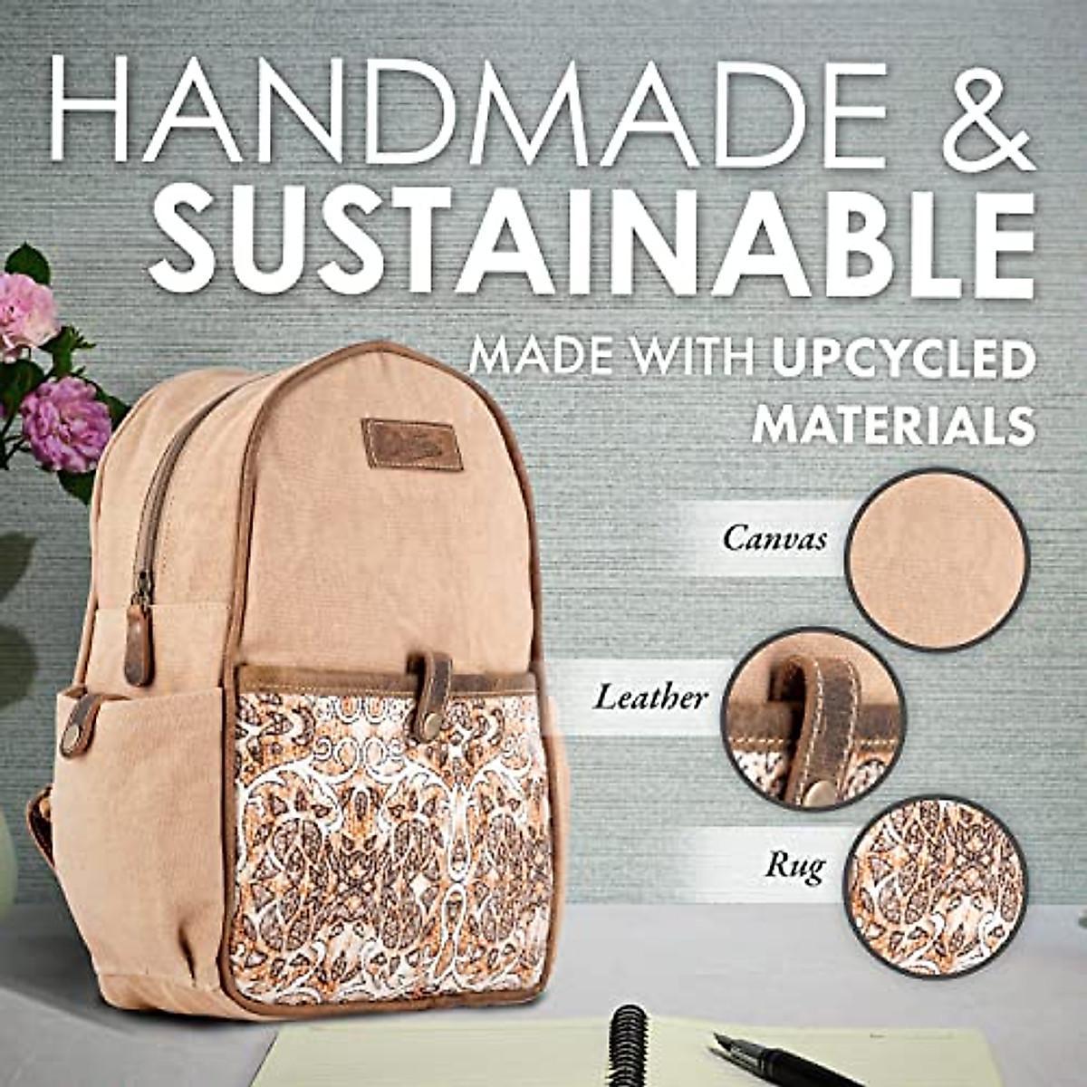 SIXTEASE Womens Fashion Backpack Chic Vintage Style Backpack Made with Genuine Leather, Upcycled Canvas, or Hair On - Large Interior with Multiple Inner and Outer Pockets - Cosmic Latte