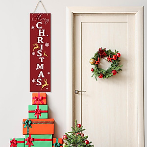 Soaoo Christmas Porch Sign Merry Christmas Vertical Porch Sign Red Christmas Wooden Welcome Sign for Front Door Porch Standing Farmhouse Rustic Door Porch for Xmas Porch Yard Outdoor Indoor, 35.43" H