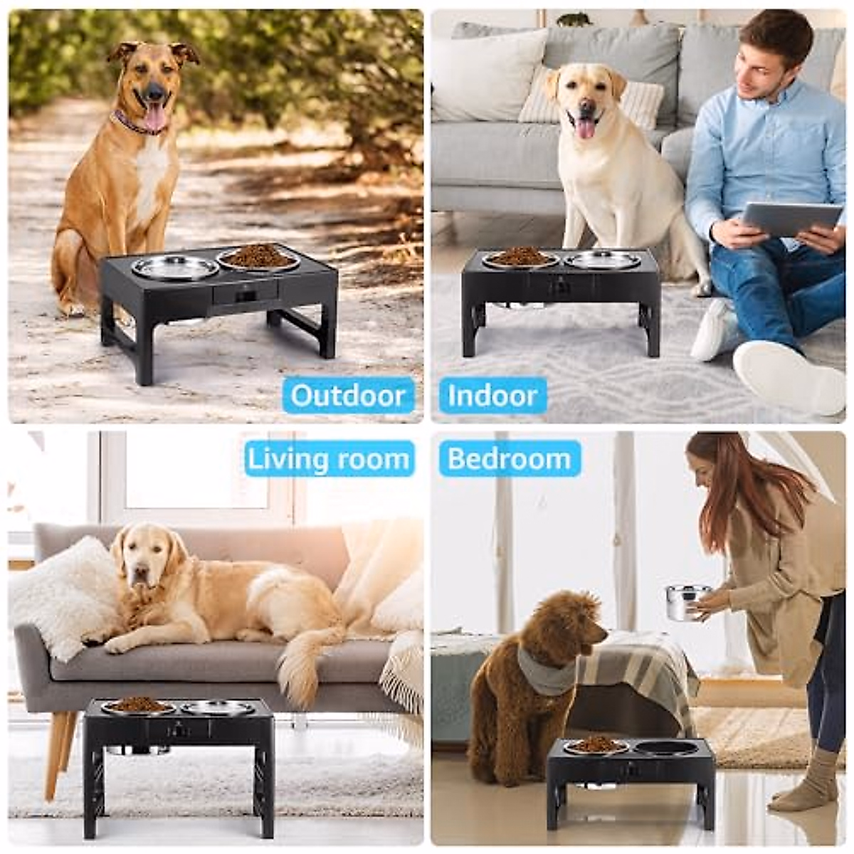 Lapensa Elevated Dog Bowls, Stainless Steel Raised Dog Bowl with Adjustable Stand, Double Dog Food and Water Bowl for Medium Large Dogs, 3 Heights 3.9”, 7.8”, 11.8”,(Black)