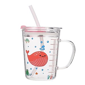 VOSAREA Decor 350ml Cartoon Glass Milk with Straw and Scale Whale Water Glass Mug Animal s Coffee Tea Juice Beverage Containers Cup