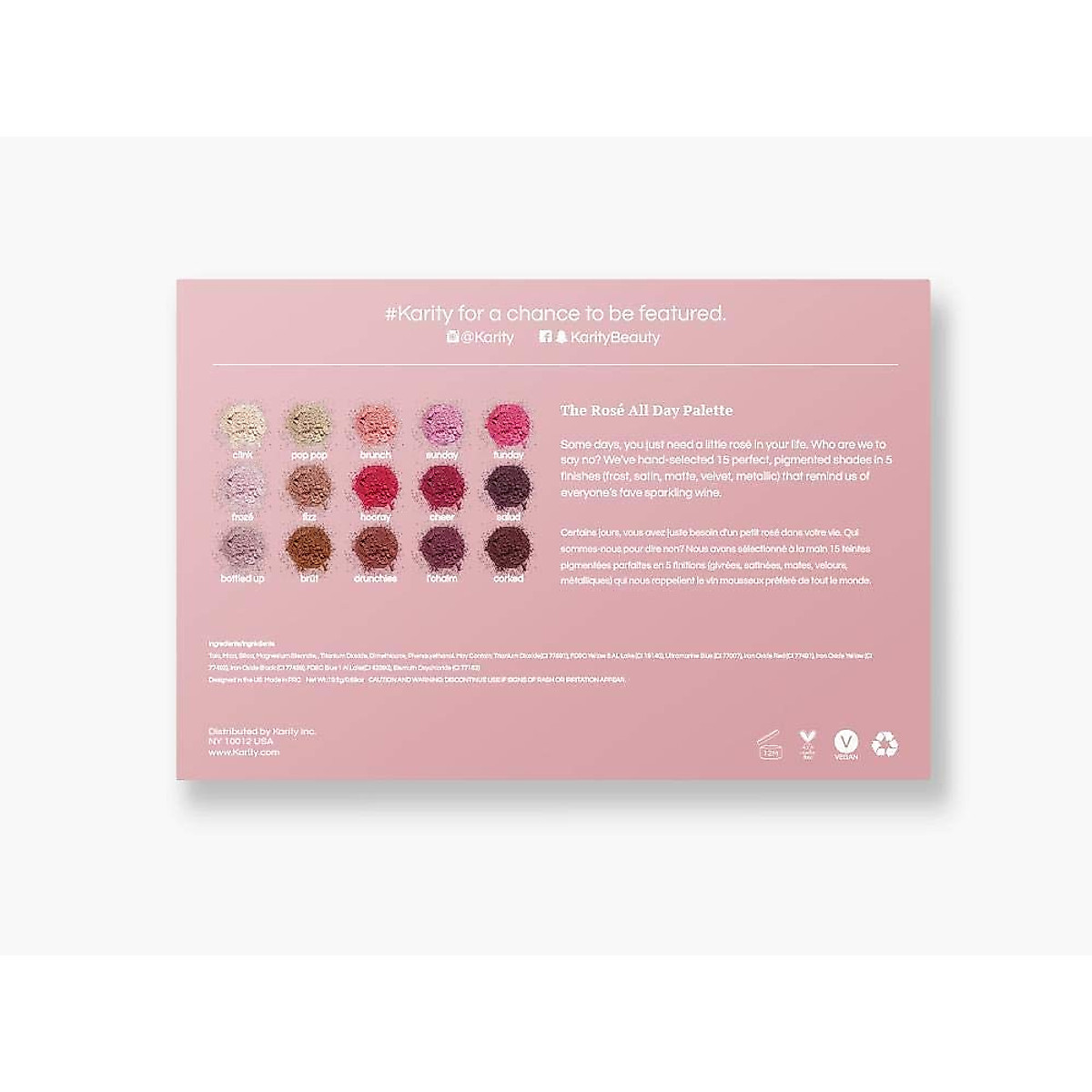 Karity 15 Rosé All Day Highly Pigmented Professional Bubbly Eyeshadow Palette - Everyday Makeup Shadow Palette with Intense Pigment