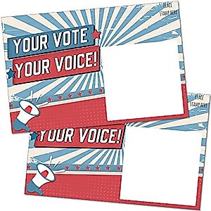 T MARIE 100 Bulk Voter Postcards 4x6” - Your Vote Your Voice, Red, White and Blue Theme With Blank Back for Message to Voters - Encourage Voting In Your State