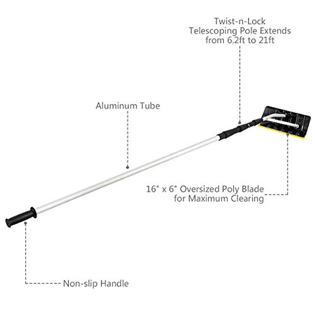 Happytools Telescoping Snow Roof Rake, 21’ Lightweight Aluminum Snow Removal Tool with Extendable Pole and Poly Blade for Metal Roof, Asphalt Roof, Car and Solar Panel