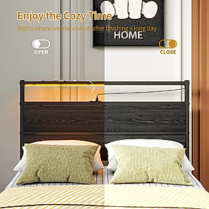 Twin Bed Frame with Headboard/LED Lights,Metal Bed Frame Twin Size with Charging Station,Twin Platform Bed Frame Twin Size No Box Spring Needed,Beds Base,Heavy Duty Metal Slats Support,No Noise,Black
