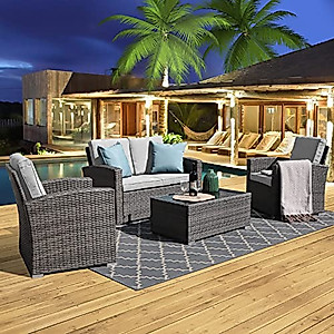 Verano Garden 4 Piece Patio Conversation Set,All Weather Rattan Wicker Patio Furniture Set with Thick Cushions and Tempered Glass Coffee Table for Porch, Backyard, Patio, Dark Gray (Light Gray)
