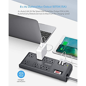 BESTEK 8-Outlet 6 Feet Extension Cord Power Strip with USB 15A 1875W Surge Protector with 5V 4.2A 4 USB Port Desktop Charging Station,600Joule,Grey