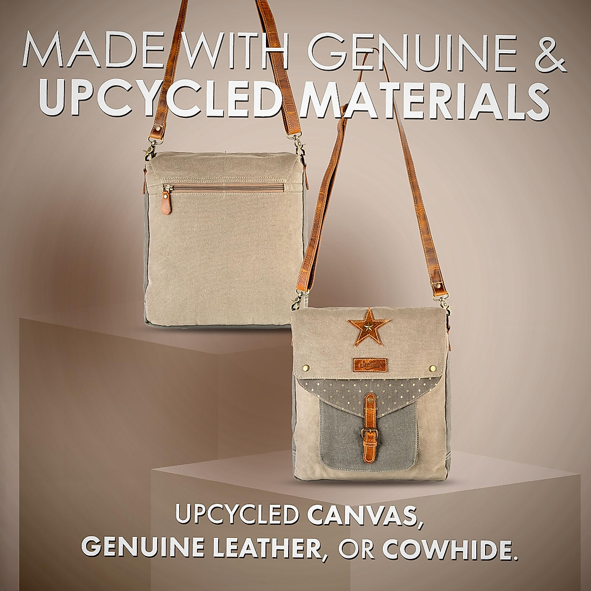 SIXTEASE Womens Shoulder Bag Vintage Style Shoulder Bags for Women - Made with Genuine Leather, Upcycled Canvas, or Hair On - Handmade, Adjustable Strap, Brass and Zinc Hardware - Miranda