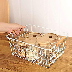 LeleCAT wire white baskets with Wooden Handles Storage Organizer Baskets, Household Refrigerator for Cabinets, Pantry, Closets, Bedrooms, kitchen - Set of 2（White）