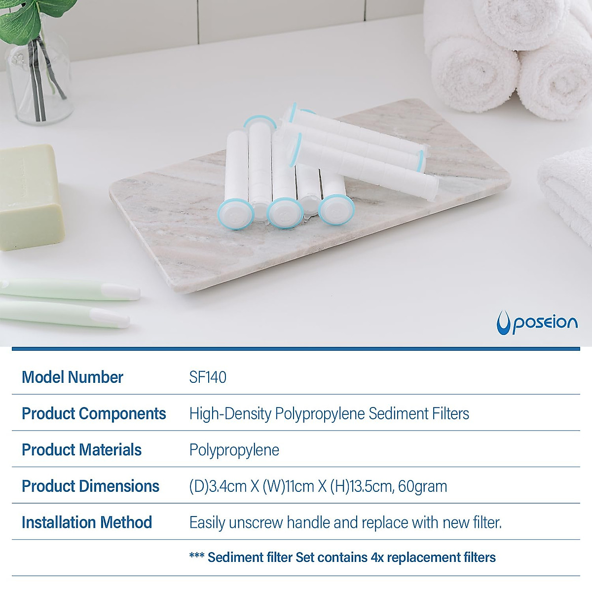 POSEION Shower Head Sediment Filter – 4 Replacement Showerhead Filters Soft Water High Density Polypropylene for Hard Water Softener Remove Rust Hydrate Dry Hair Scalp Skin Care Made in Korea SF140