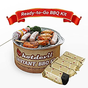 HOTDEVIL Portable Disposable Charcoal Grill Kit Ready-To-Go 1-3 person Camping BBQ Bundle with Instant Hardwood Lump Charcoals Disposal Venture Steak Grilling for Outdoor Barbecue Party Travel Picnic…