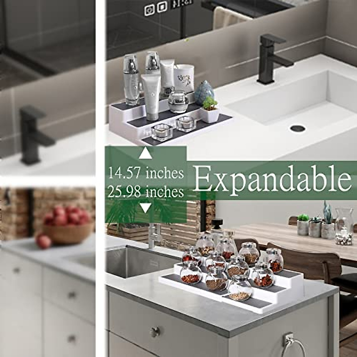 CiWiVOKi 3 Tier Expandable Spice Rack Organizer, Non Skid Spice Storage Shelf Kitchen Organizer for Kitchen Cabinet, Cupboard, Pantry, 2 Packs