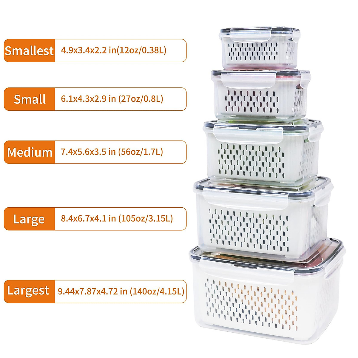 5 Pack Fruit Storage Containers for Fridge: Large Produce Containers with Removable Colander, Veggie Berry Storage Containers for Refrigerator, Dishwasher & Microwave Safe Keep Vegetable Food Fresh