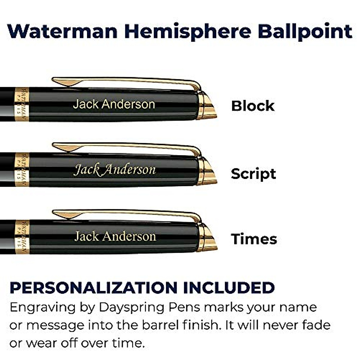 Dayspring Pens Personalized Waterman Pen | Engraved Waterman Hemisphere Lacquer Black with Gold Trim Ballpoint Pen. Luxury Gift Pen. Custom Engraved