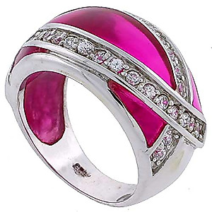 Sterling Silver Reddish Pink Resin Dome Ring with Cubic Zirconia Stones, size 10