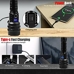 igokqsdg Torce LED High Lumen Ricaricabili, 250000 Lumen XHM77.2 Flash Super Luminoso USB, Torcia Portatile Ad Alta Potenza, Torcia Potente Impermeabile per Campeggio di Emergenza