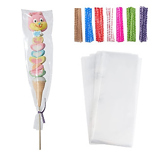 Tendwarm 100 Pcs 4x11 Inch Clear Long Candy Cello Cellophane Treat Bags with 7 Mix Colors Twist Ties Perfect for Birthday Favor Candles Pretzel Icy Candy Popsicle