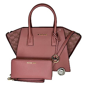 Michael Kors Avril Large Top-Zip Satchel bundled with Large Continental Wristlet Purse Hook (Rose)