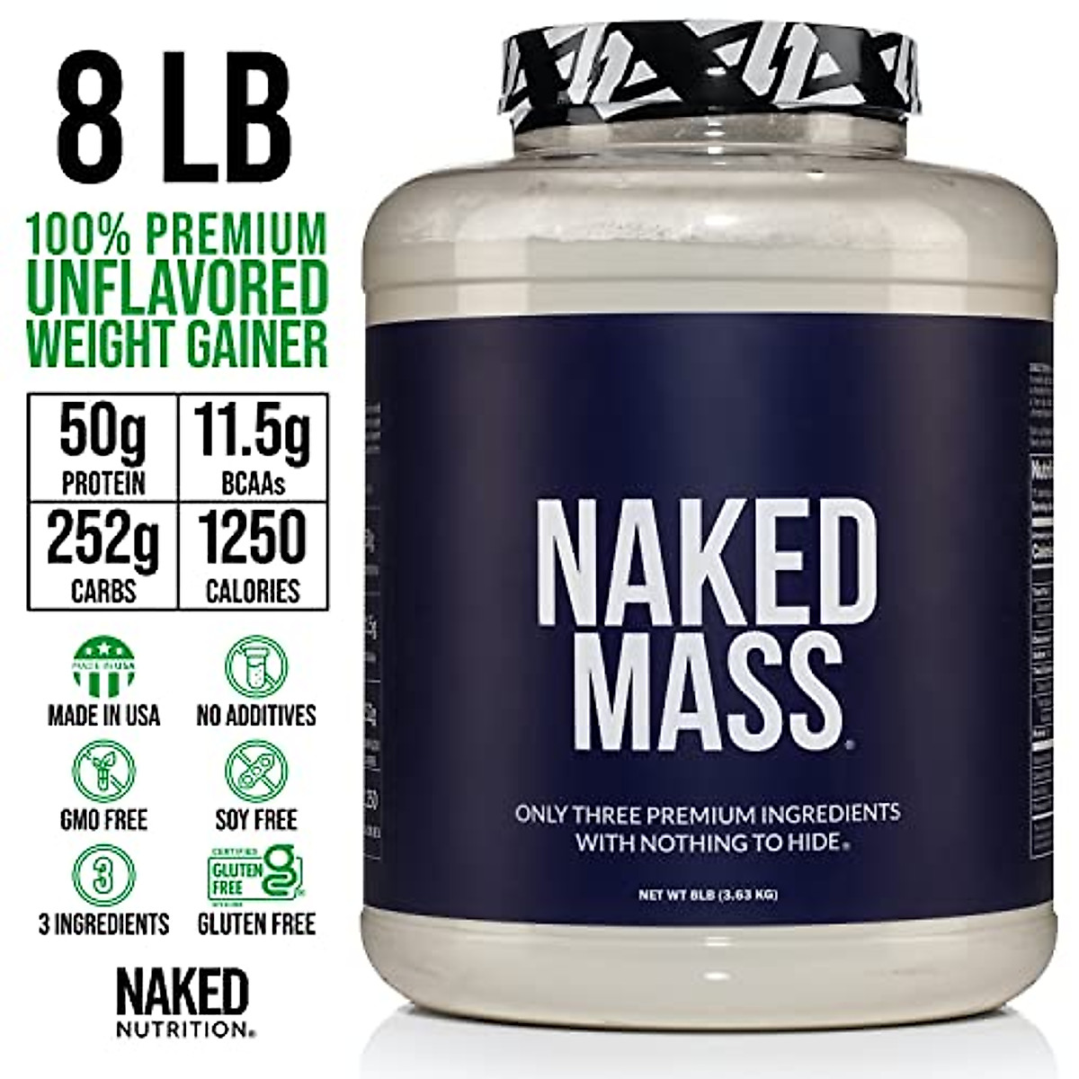 Naked Mass - Natural Weight Gainer Protein Powder - 8lb Bulk, GMO Free, Gluten Free & Soy Free. No Artificial Ingredients - 1,250 Calories - 11 Servings