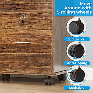 GreenForest Wooden File Cabinet 2 Drawer Lateral Filing Cabinet with Lock Mobile Printer Stand on Wheels with Open Storage Shelves for Home Office Fit Letter Size or A4 Folders, Walnut