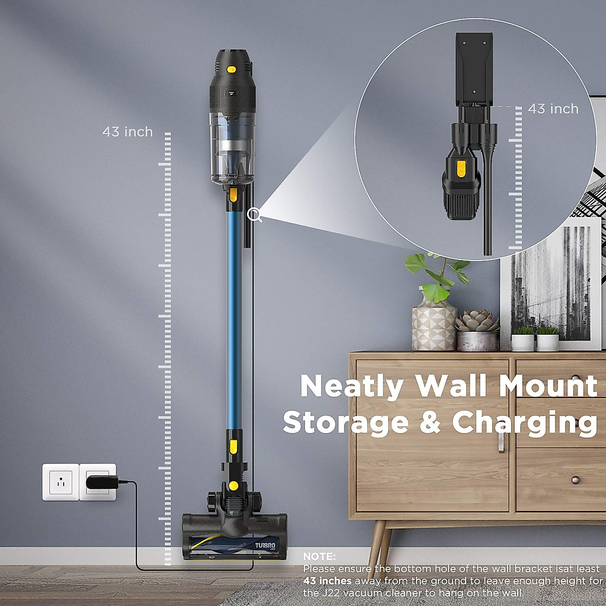 TURBRO Jeeves J22 Cordless Vacuum Cleaner 22kPa Powerful Vac w/Brushless Motor, Stick and Handheld 2-in-1, Wall-Mount, 3X Suction Modes, up to 50 min Runtime, Black