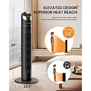 Space Heater, 34" Space Heater for Large Room with Remote, 1500W Tower Heater with 12H Timer, 70° Oscillating, Adjustable Thermostat, Overheating & Tip-over Protection, Indoor Use, Black