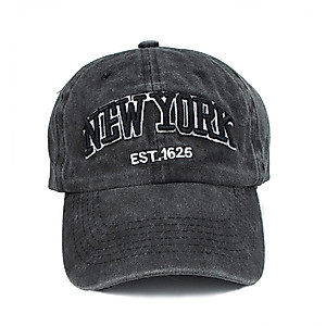 Baseball Hat New-York Distressed-Adjustable-Strapback - Washed Twill Dad Hat Unisex Black