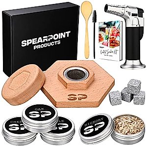 Spearpoint Products Cocktail Smoker Kit with Torch - (4) Types of All Natural Wood Chips - Whiskey Smoker - Drink Smoker Infuser Kit - Marble Ice Cubes - Spoon Brush