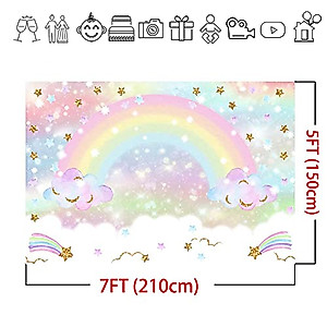 Mocsicka Rainbow Backdrop 7x5ft Pastel Rainbow Birthday Cloud Glitter Stars for Kids' Party Decorations Cake Table Banner Rainbow Baby Shower Photography Background