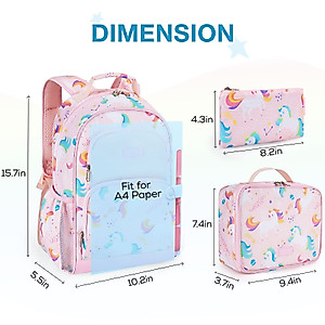 mommore Kids Backpack Set, Unicorn Backpack for Girls Lightweight Elementary Bookbag for Students School Backpack for Children with Chest Strap Water Resistant, 3pcs pink