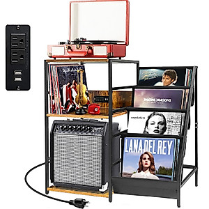 WEGOODLDER 3-Tier Vinyl Record Storage Stand with Built-in USB Ports and Power Outlets, Brown