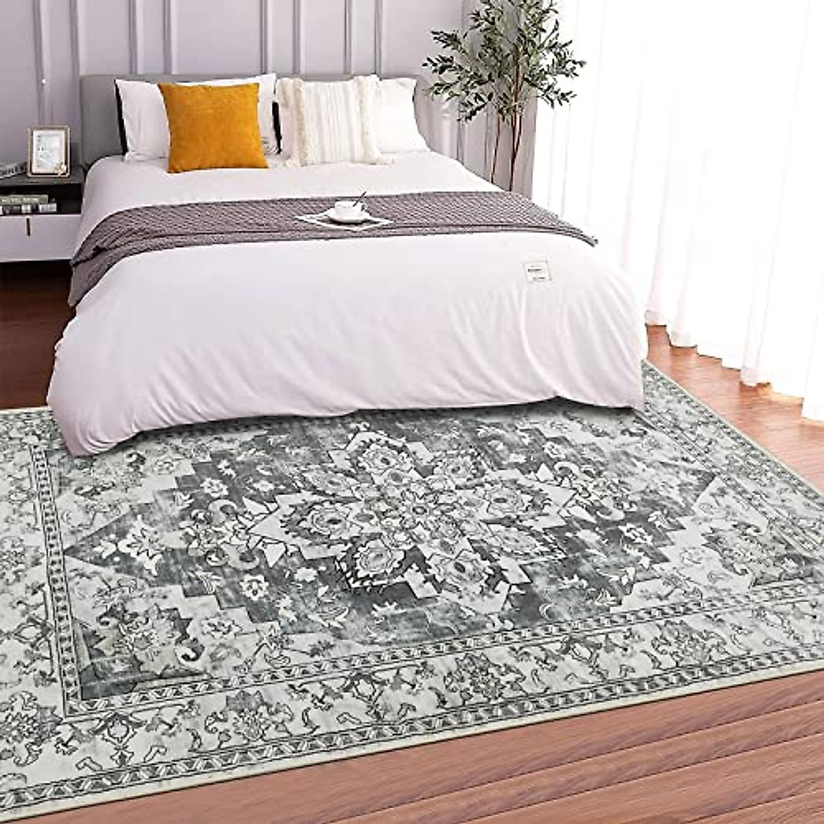 Bsmathom Persian Area Rug 3x5, Non-Slip Throw Small Entryway Rug Kitchen Mat, Low-Pile Non-Shedding Oriental Area Rug for Living Room Bedroom Office (Grey, 3x5Ft)