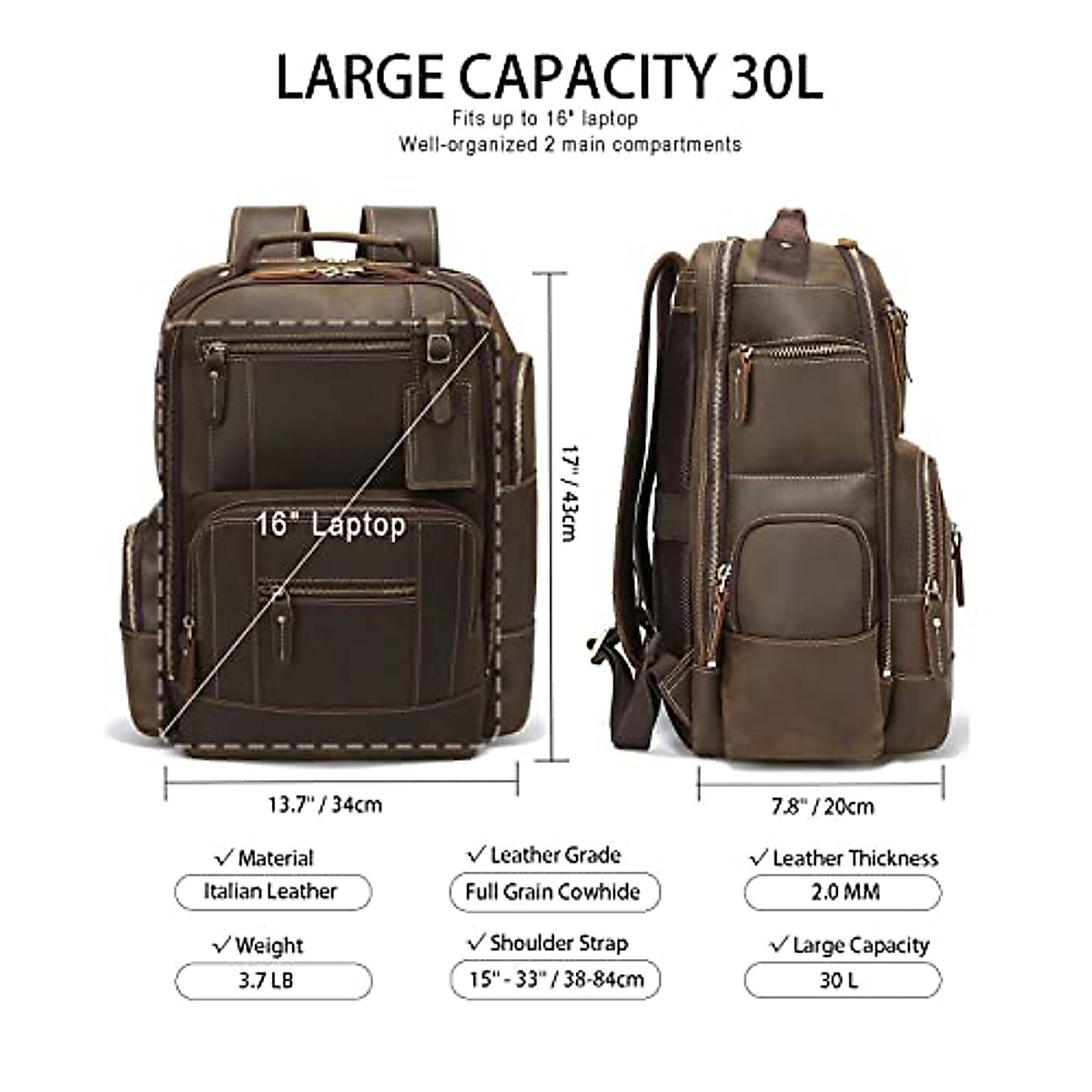 Taertii Mens Full Grain Genuine Leather 15.6 Laptop Backpack Large Capacity Weekender Overnight Camping Travel Rucksack 30L