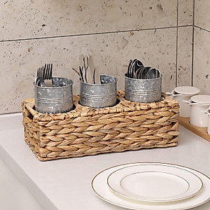 MyGift Rustic Galvanized Metal Kitchen Utensil Holder with Woven Natural Seagrass Basket Tray, Buffet Picnic Flatware Utensil Server, 4 Piece Set