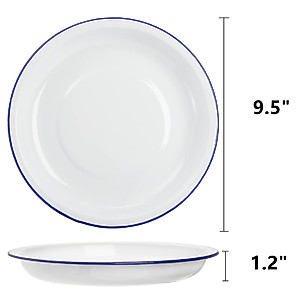 Dicunoy Pack of 5 Enamel Plates, 9.5" Unbreakable Enamelware Dinner Serving Platter Trays, Retro White Round Shallow Bowls with Blue Rim for Pasta, Salad, Camping, Outdoor, Picnic, BBQ
