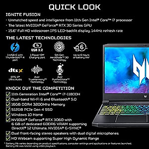 Acer Predator Helios 300 Gaming Laptop, Intel i7-11800H, NVIDIA GeForce RTX 3060 GPU, 15.6" FHD 144Hz 3ms IPS Display, 32GB DDR4 3200MHZ RAM, 1TB SSD, 1TB HDD, WiFi6, RGB KB, Win10 H(PH315-54-760S)