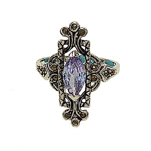 Glamour Rings Antique Reproduction Silvertone Fashion Ring Set with Lavender Cubic Zirconia and Genuine Marcasite Size 7