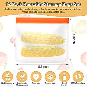 12Pack Reusable Food Storage Bags,Leakproof Reusable Freezer Bags,Extra Thick Reusable Gallon Bags,Food Grade Silicone Food Bags for Snack Sandwich Fruit Meat Travel Items,BPA Free