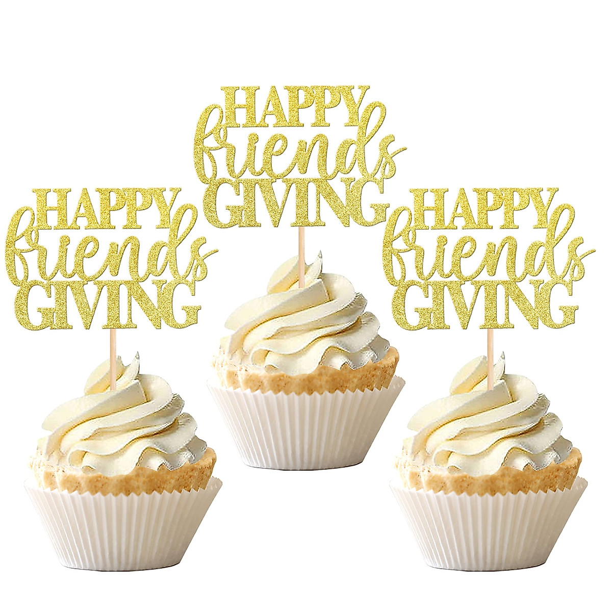 24 PCS Happy Friendsgiving Cupcake Toppers Glitter Fall Theme Thanksgiving Cupcake Picks Give Thanks Cake Decorations for Happy Thanksgiving Day Theme Birthday Party Supplies