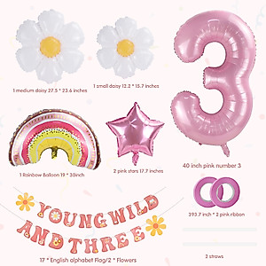 Young Wild and Three Decorations Girl Banner,3rd Birthday Party Decorations,Groovy Retro Hippie Boho Daisy Flower Rainbow And Pink Stars Foil Balloon For Birthday Party Supplies