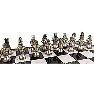 Medieval Times Crusades Knight Chess Set Gold & Silver Busts with 17 inch Faux Marble Storage Board