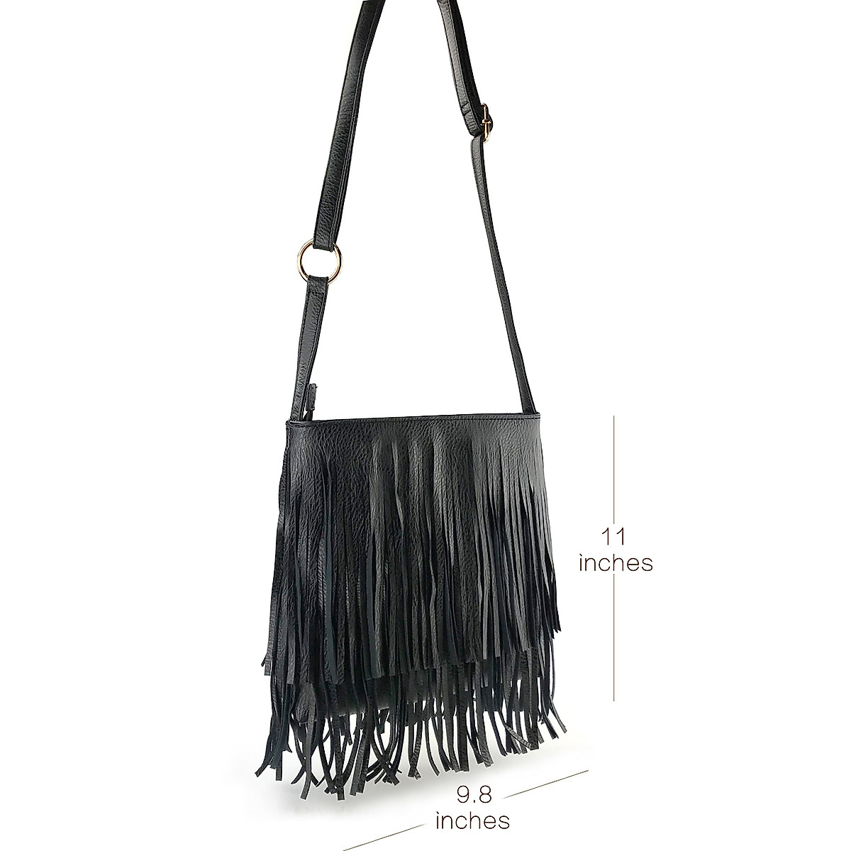 Glossy Fringe Cross Body Shoulder Bag Tassel Womens Purse(Black)
