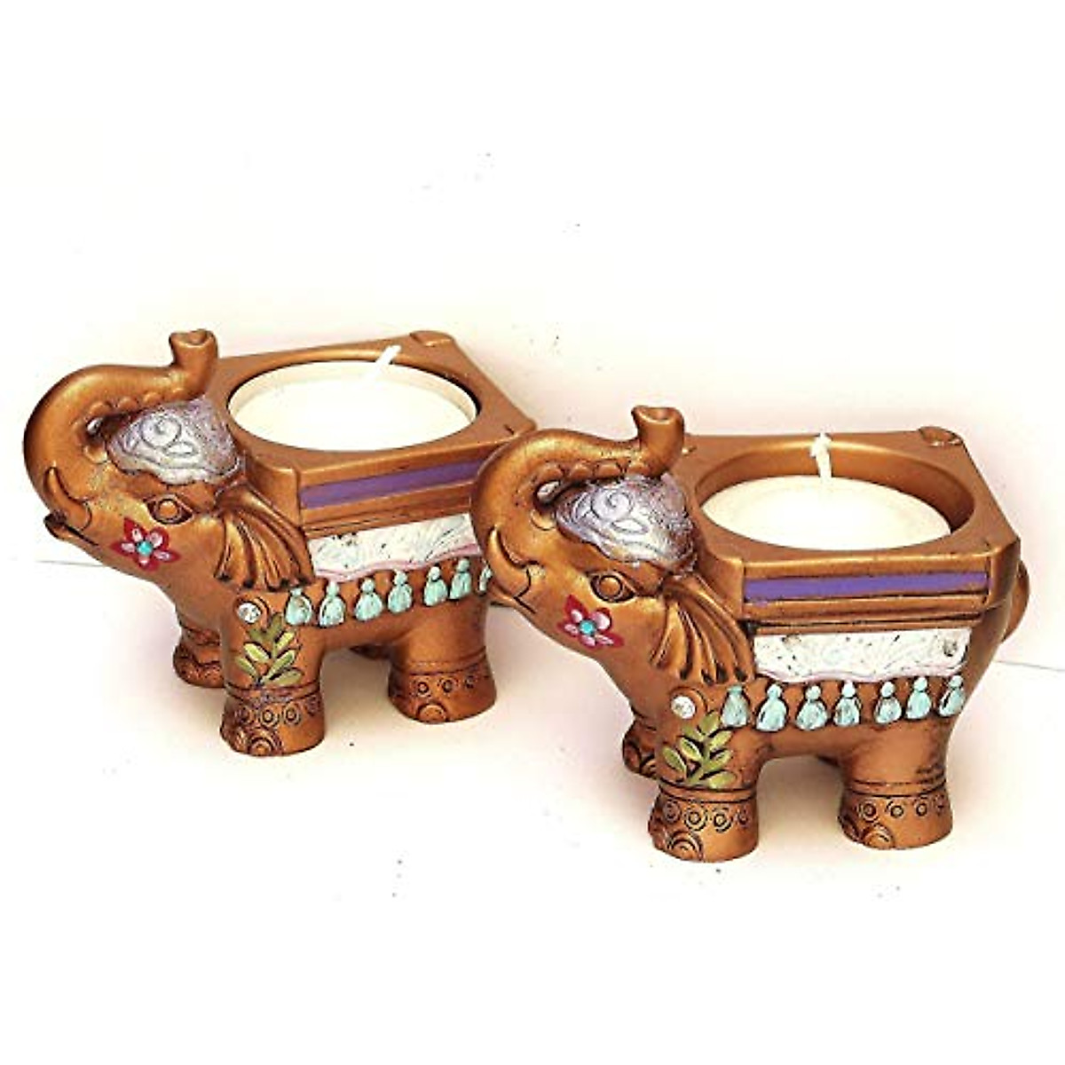 Painted Gold Elephant Tea Light Candle Holder Boho Indian Decor Accents Bohemian Decorations Small Gifts