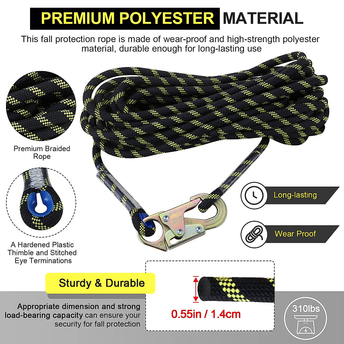 Vertical Lifeline Rope Assembly 25 ft with Rope Grab Snap Hooks Shock Absorber CE Standard for Fall Protection Roofing Safety Equipment Tools Rope Kits