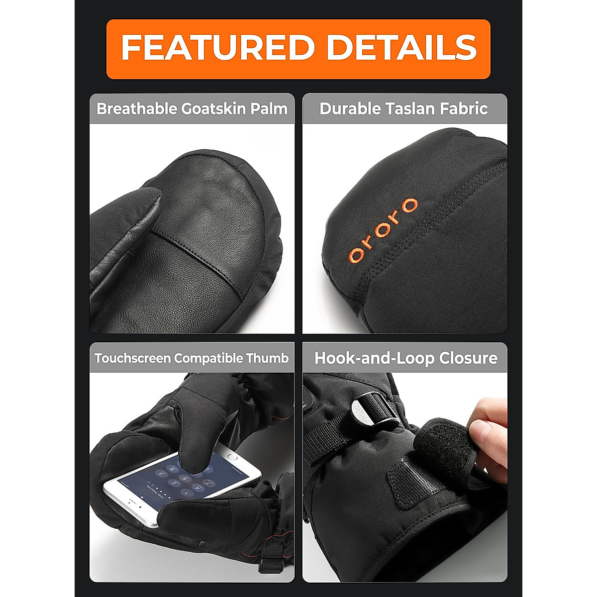 ORORO Heated Mittens for Women and Men, Rechargeable Heated Gloves for Skiing Hiking and Arthritic Hands (Black & Orange,S)