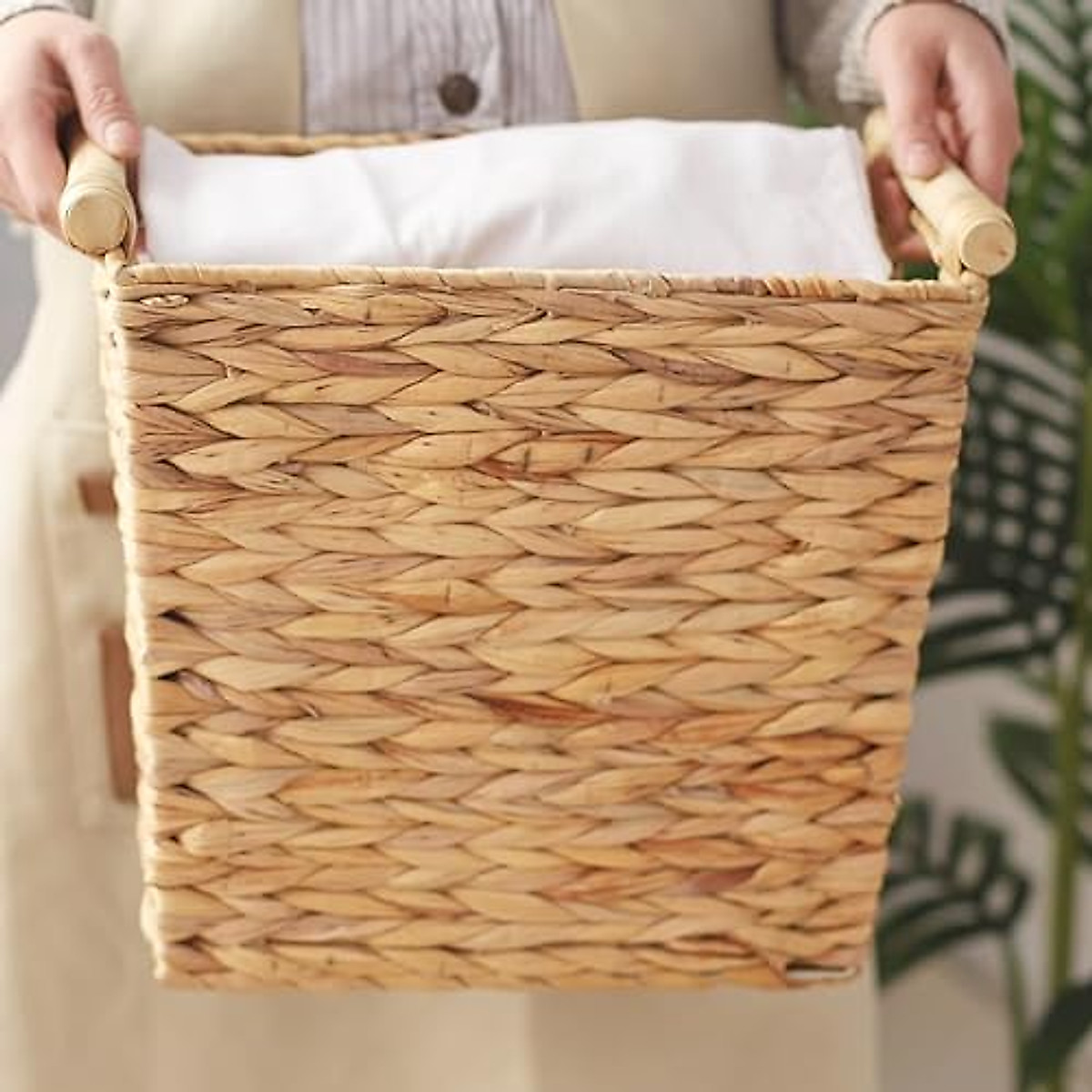 Wicker Trash Basket with Wooden Handles | Wicker Bathroom Trash Can | Woven Trash Can | Wicker Waste Basket for Bathroom, Bedroom, Living Room, Office
