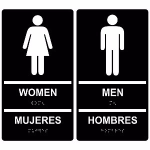 ComplianceSigns.com Women Men Restroom Sign Set, Bilingual ADA-Compliant Braille and Raised Letters, 11x6 in. Black Acrylic Plastic for Bathrooms