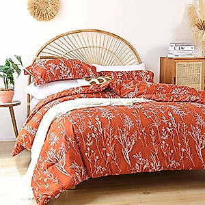 JANZAA Duvet Cover Queen Terracotta 3 Pieces Boho Duvet Cover with White Botanical Patterns Soft Floral Bed Cover with Zipper Closure 4 Ties (2 Pillow Cases)