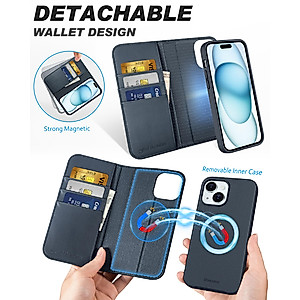 SHIELDON Genuine Leather Wallet 2 in 1 Detachable Wireless Charging Folio Magnetic Case RFID Blocking Card Slot Kickstand Shockproof Case Compatible with iPhone 15 - Navy Blue