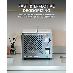 CREWORKS Ozone Negative Ion Generator, 30000 mg/h 2-in-1 Odor Eliminator Air Purifier for Car Home Smoke Pet Odor Removal, Commercial Ozone Machine Ionizer with Timer for 3200 sq ft Room